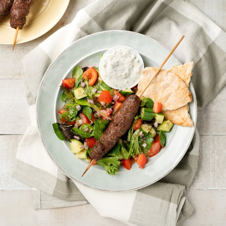 Middle Eastern-Inspired Koftas with Tomato Salad and Feta Yogurt Sauce ...